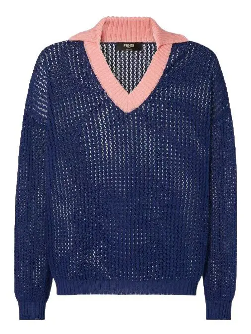 Fendi Contrast V-neck Ribbed-knit Polo Top - Blue And Pink