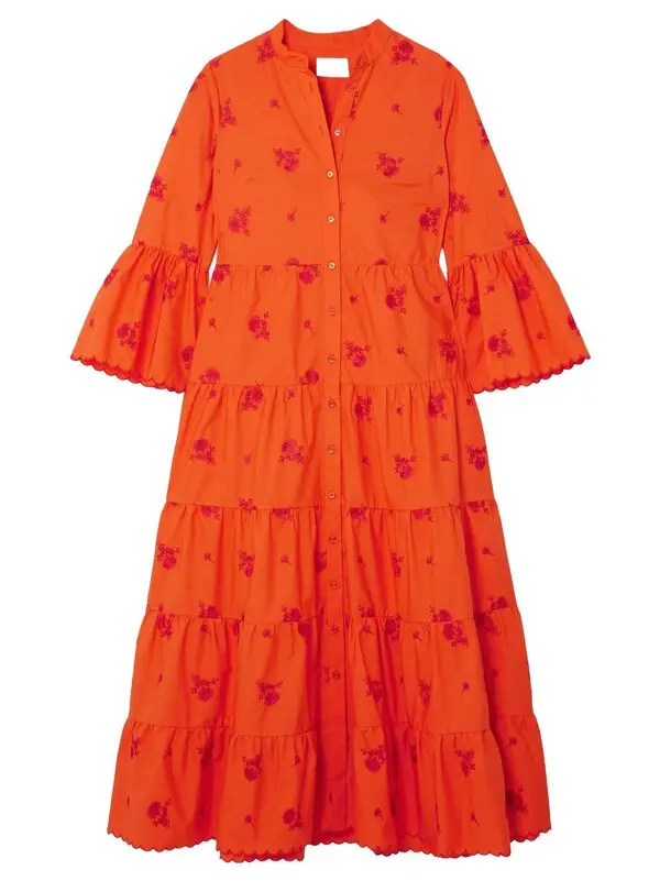 Erdem Laminated Floral Print Tiered Midi Dress - Red