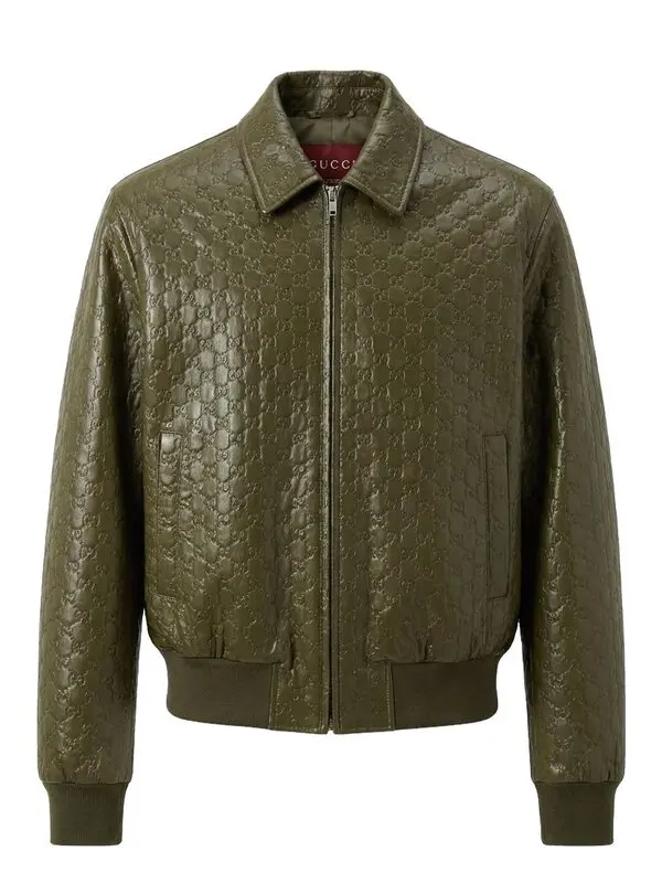 Gucci Embossed Gg Leather Bomber Jacket - Dark Green