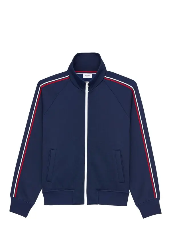 Saint Laurent Zip-up High Neck Track Jacket With Ribbed Details - Navy
