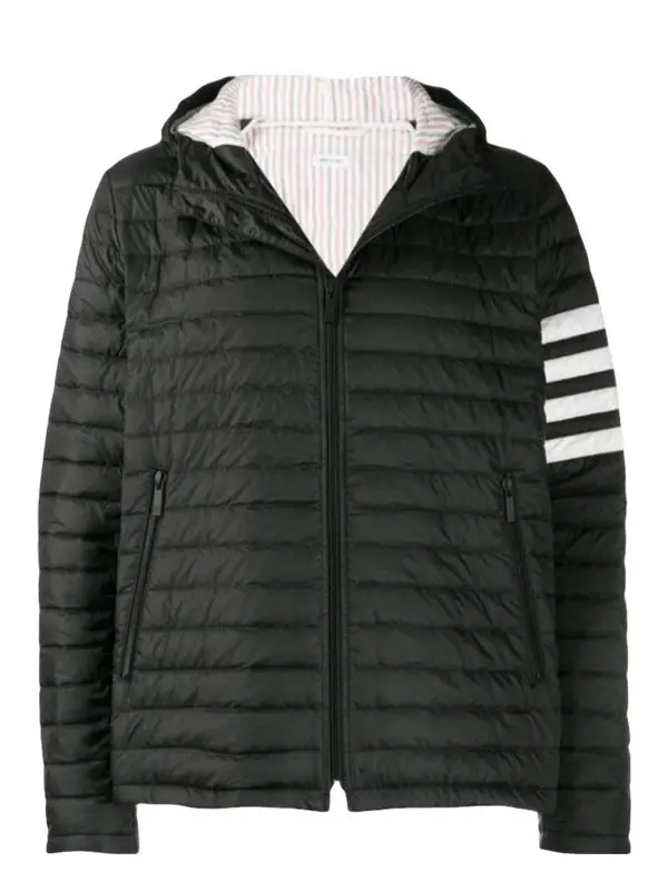 Thom Browne Quilted Zip-up Hooded Down Jacket With Signature Stripes - Black