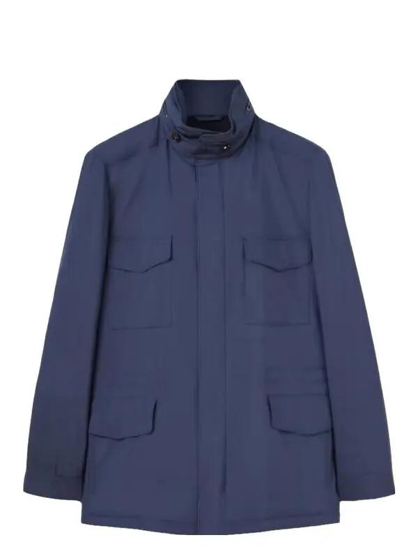 Loro Piana Zipped High Neck Coat With Stowaway Hood - Navy Blue