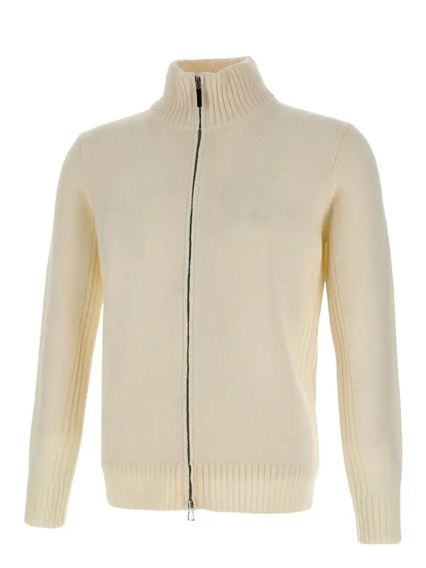 KANGRA Ribbed Zip-up Stand Collar Cardigan - Cream