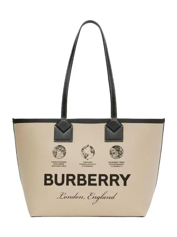 Burberry Logo Printed Cotton Tote Bag With Leather Trim - Nude