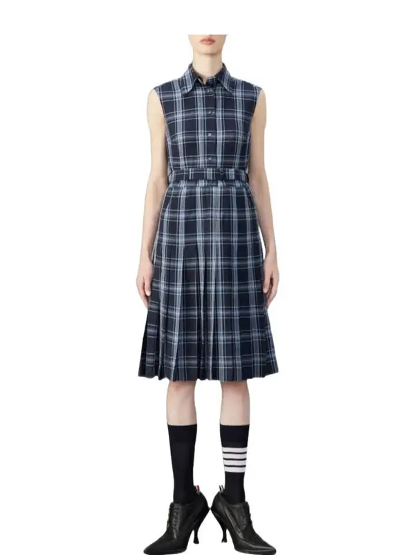 Thom Browne Plaid Check Pleated Shirtdress - Black