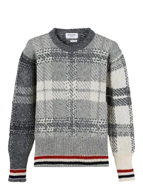 Thom Browne Tartan Printed Ribbed Pullover With Striped Detailing - Gray
