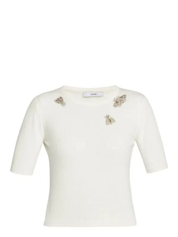 Erdem Embellished Short Sleeve Knit Top - Alabaster Color