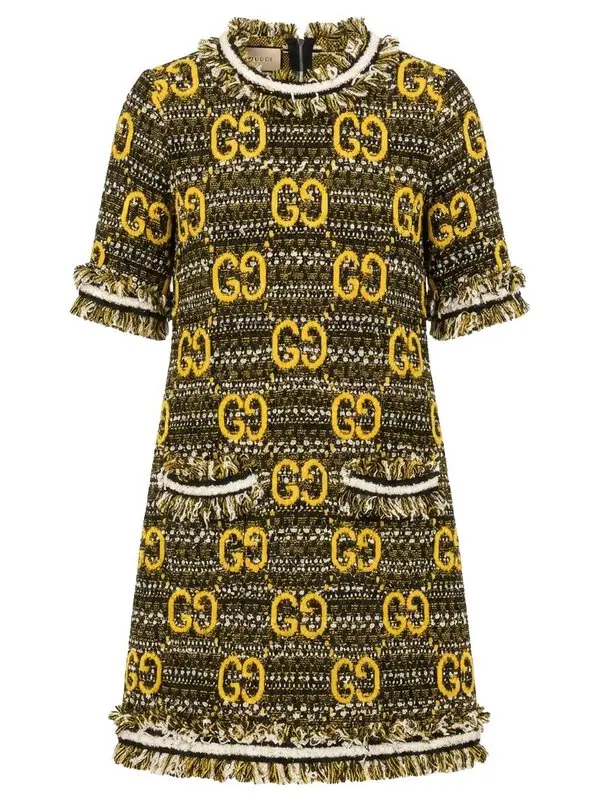 Gucci Gg Motif Short Sleeve Dress With Tassel Details - Black, Ivory White And Yellow