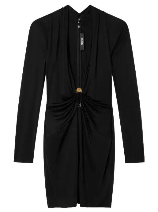 Versace Long-sleeved V-neck Mini Dress With Safety Pin Detail - Black