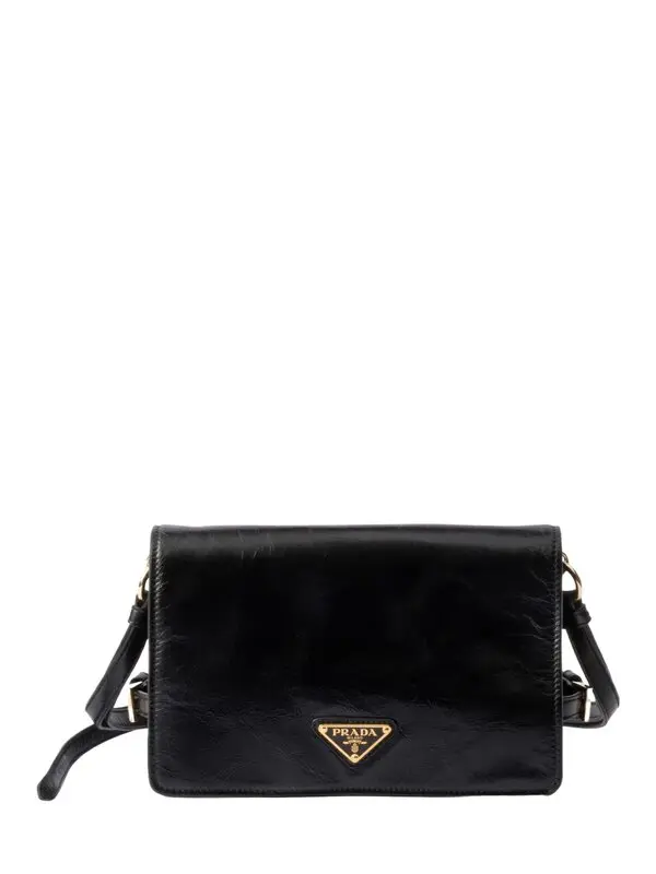 Prada Logo Plaque Foldover Top Shoulder Bag - Black