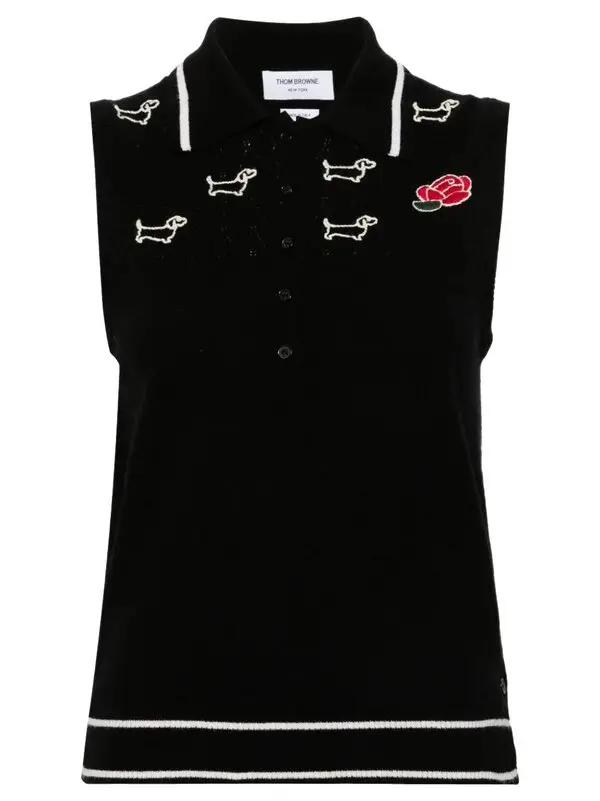 Thom Browne Sleeveless Embroidered Polo Top - Black
