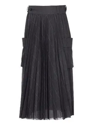 Sacai Pleated Midi Skirt With Checked Pattern And Pockets - Grey