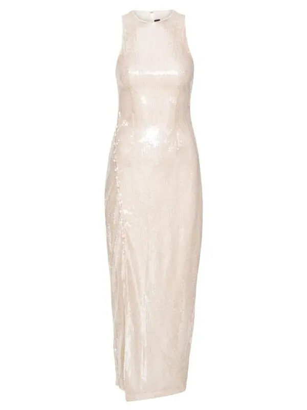 ROTATE BY BIRGER CHRISTENSEN Sequin Buttoned High Neck Sleeveless Maxi Dress With Slit - Beige