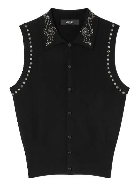 Versace Embellished Sleeveless Knitted Top With Peak Collar - Black