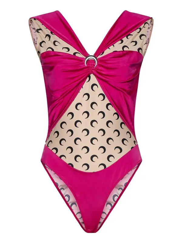 MARINE SERRE Sleeveless V-neck Draped Bodysuit With Moon Pattern - Pink