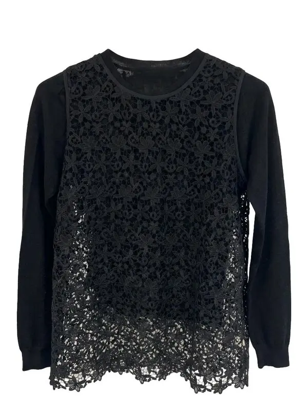 Max Mara Round Neck Long Sleeve Lace Top - Black