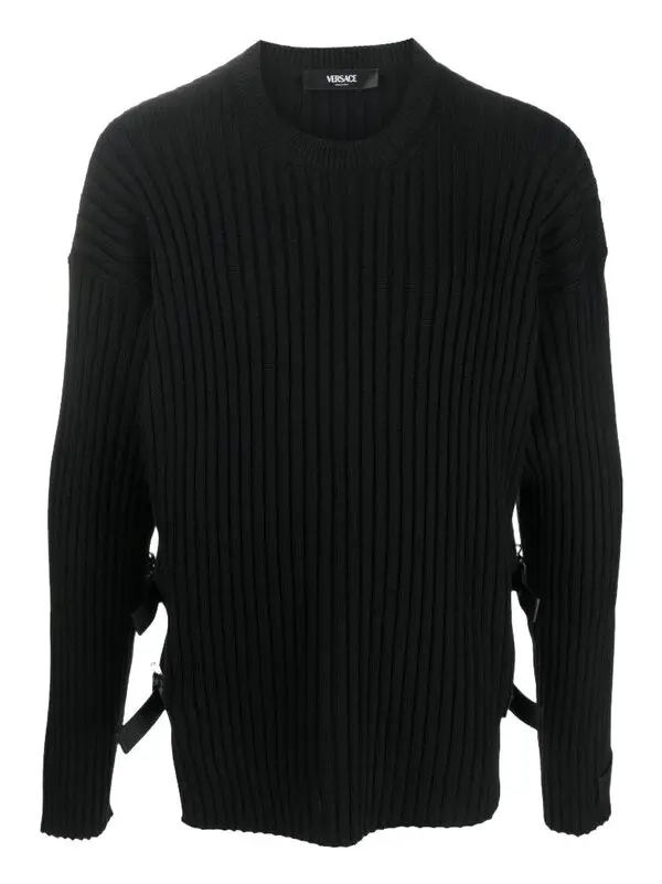 Versace Side-slit Crewneck Ribbed Jumper - Black