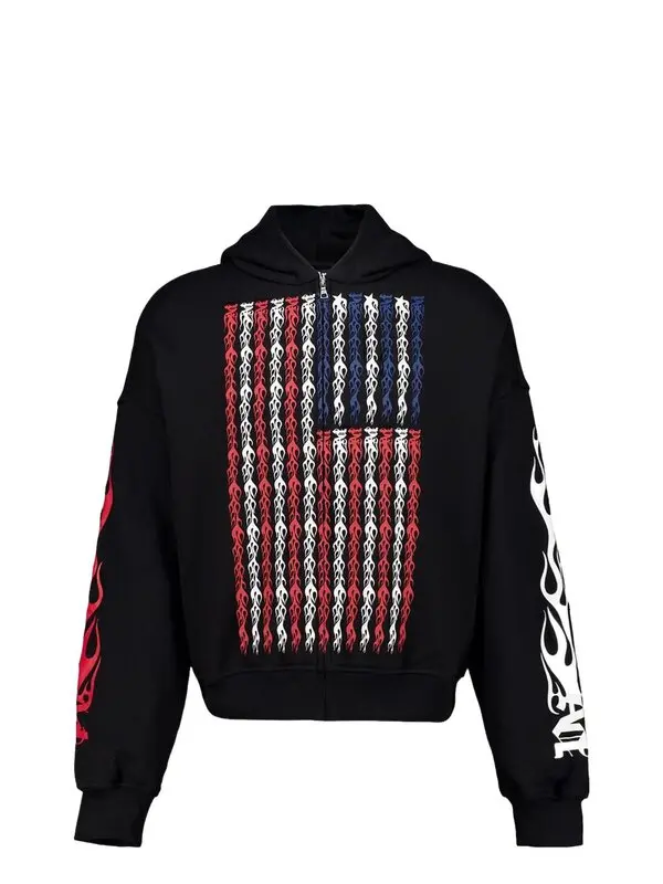 Palm Angels Flames Flag Zip-up Hoodie - Black
