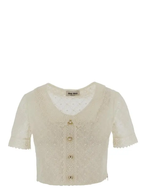 Miu Miu Lace Cropped Top With Round Collar - White