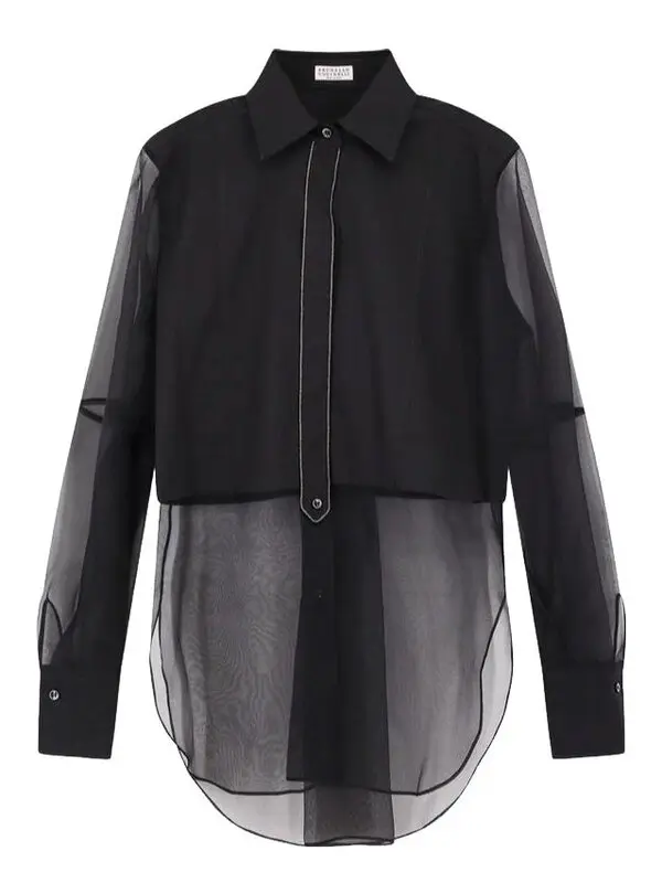 Brunello Cucinelli Panelled Long-sleeved Poplin Shirt With Pearl Buckle Cuffs - Black