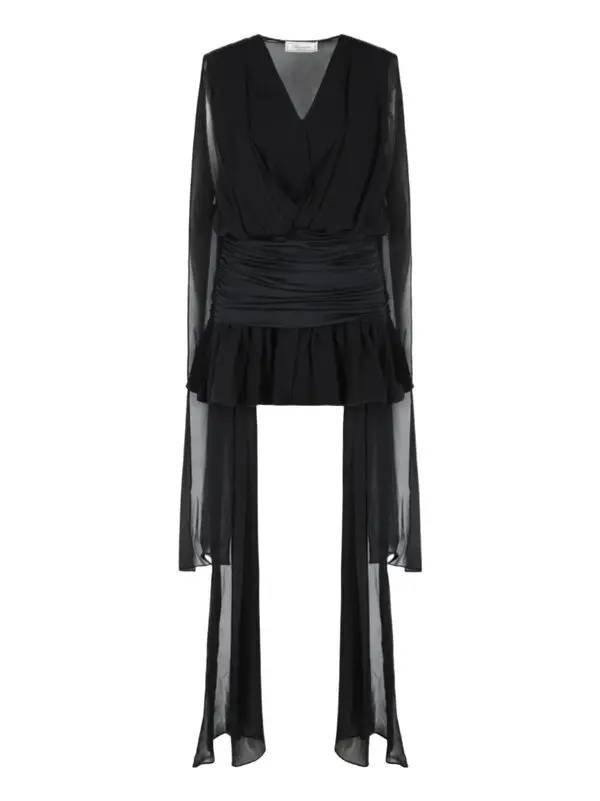 Blumarine V-neck Long Sleeve Draped Pleated Top - Black