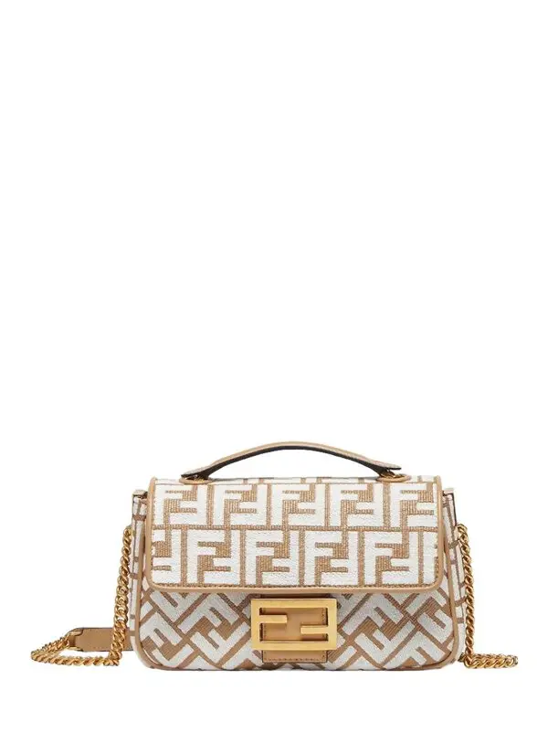 Fendi Baguette Chain Midi Shoulder Bag In Raffia With Ff Motif - Nude