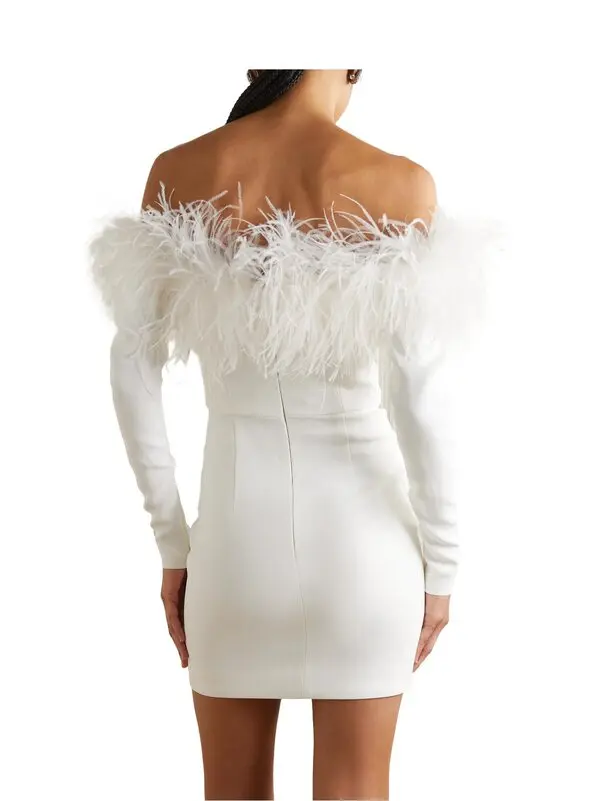 Alessandra Rich Off-shoulder Feather-trimmed Dress - White