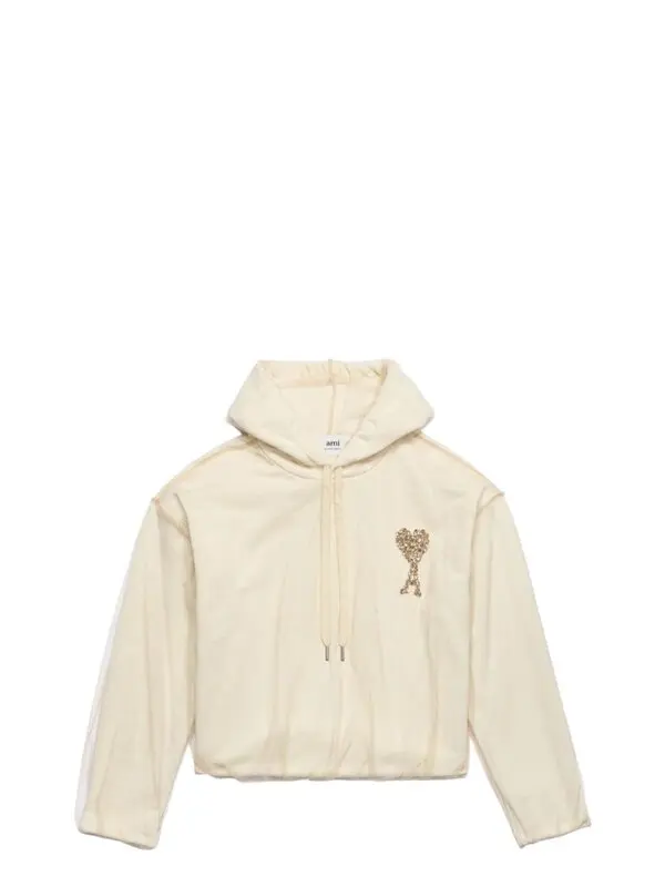 AMI Paris De Coeur Tulle Hoodie With Embellished Logo - Nude