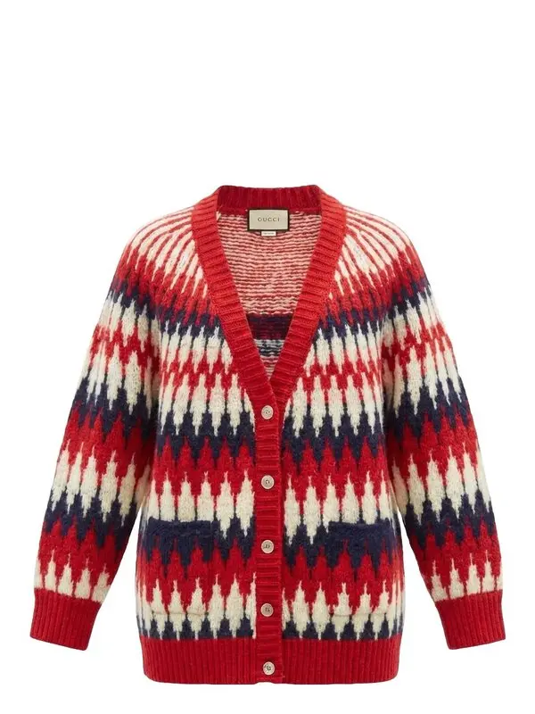 Gucci Zigzag Jacquard Organic Wool Cardigan - Red