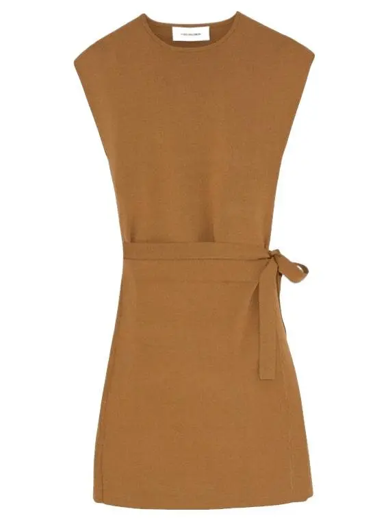 YVES SALOMON Sleeveless Dress With Waist Belt - Brown