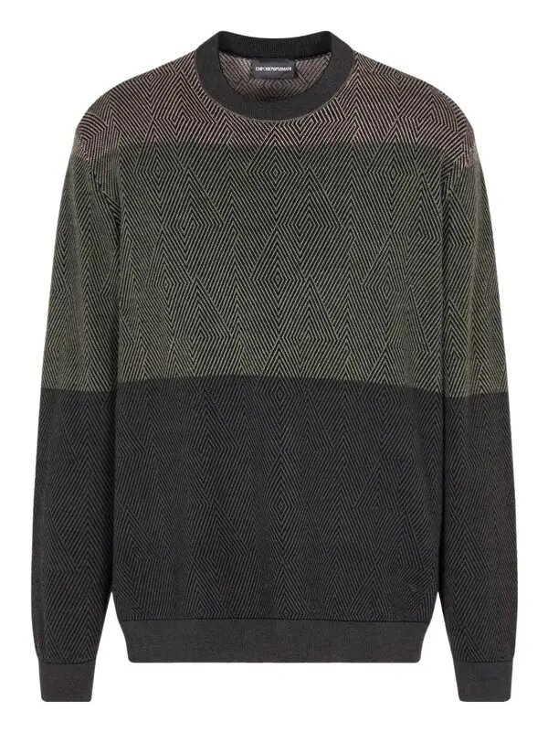 Emporio Armani Virgin Wool Jumper With Micro Jacquard Op-art Diamonds - Green