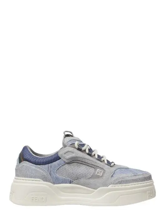 Fendi Force Denim Effect Lace-up Sneakers - Gray And Light Blue