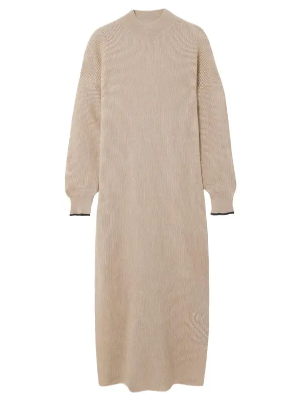 Brunello Cucinelli Long Sleeve Maxi Dress With Slit Details - Nude