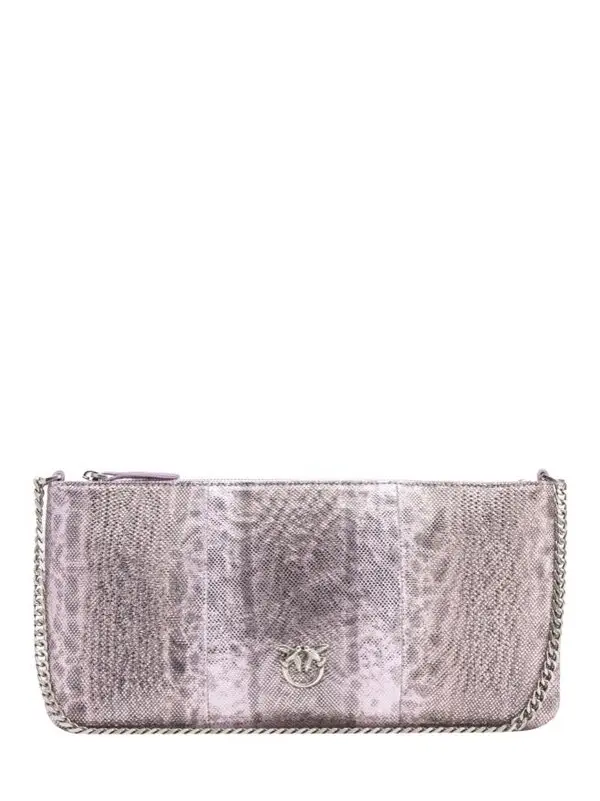 Pinko Galleria Horizontal Flat Crossbody Bag In Glittery Reptile Leather - Gray