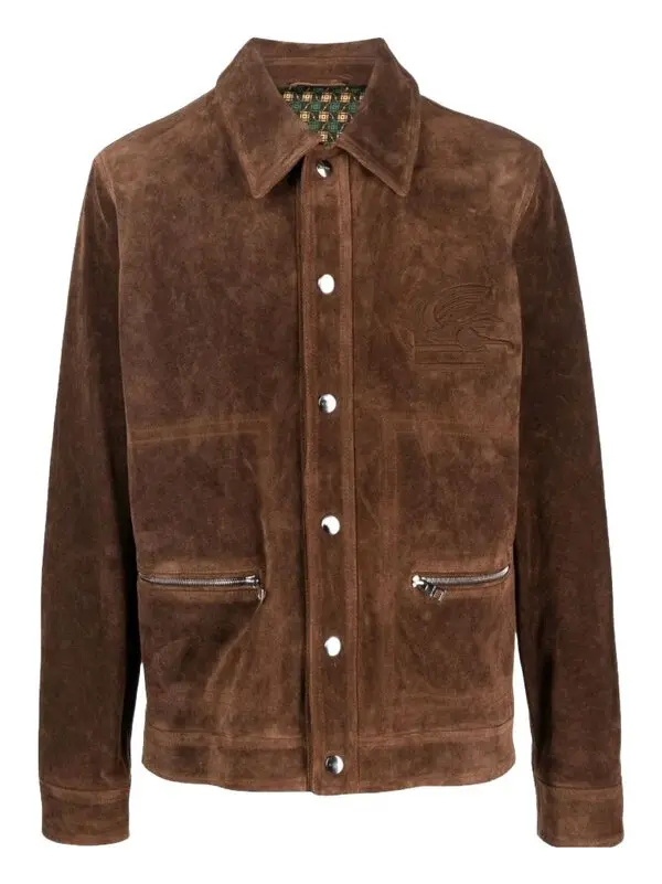 Etro Pegaso Embroidered Suede Shirt Jacket - Brown