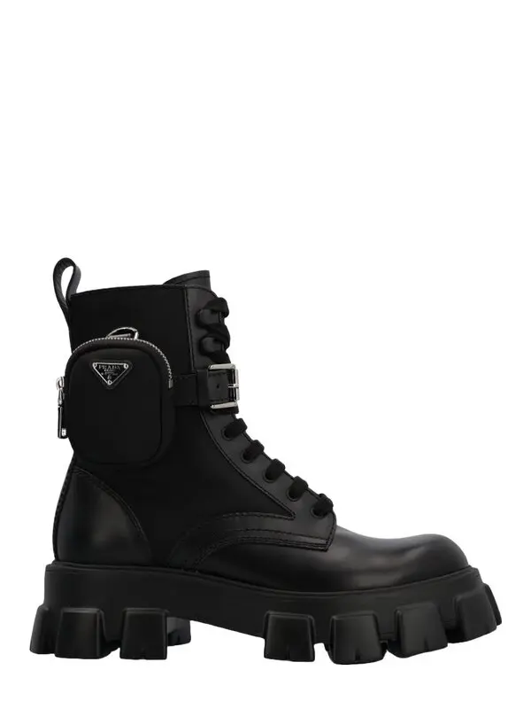 Prada Lace-up High Side Boots With Detachable Pouch - Black