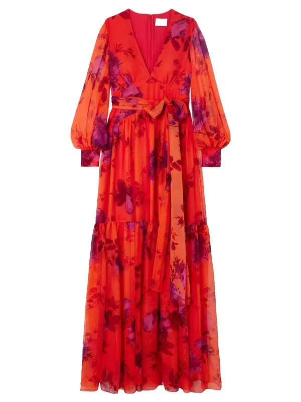 Erdem V-neck Long-sleeved Maxi Dress With Floral Print And Draped Detail - Red