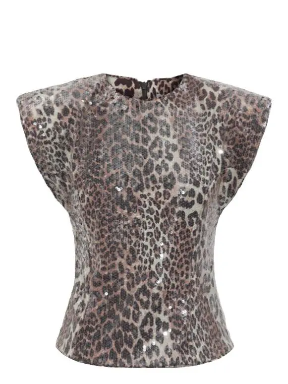 GANNI Sequin Animal Print Top - Leopard Color