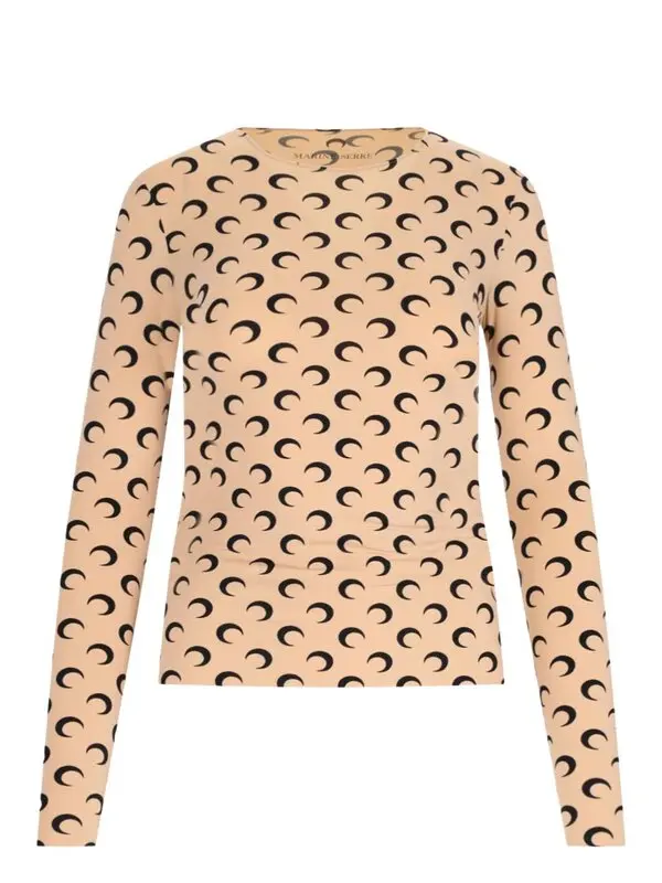 MARINE SERRE Round Neck Moon Print T-shirt With Fringed Cuffs And Hem - Nude