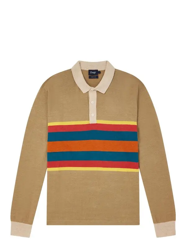 DRAKE'S Striped Linen And Cotton-blend Polo Shirt - Brown