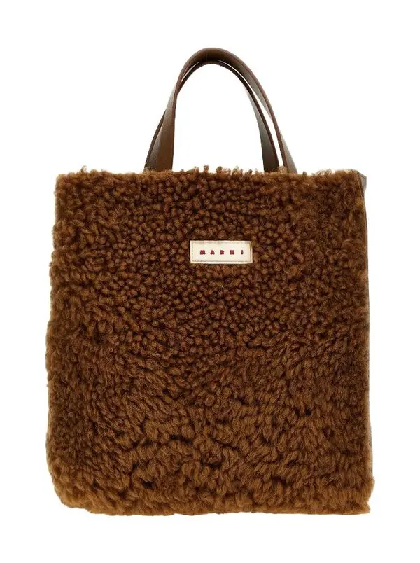 Marni Logo Patch Fur Tote Bag - Brown