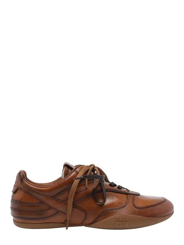 Miu Miu Round Toe Lace-up Flats With Designer Logo - Cognac