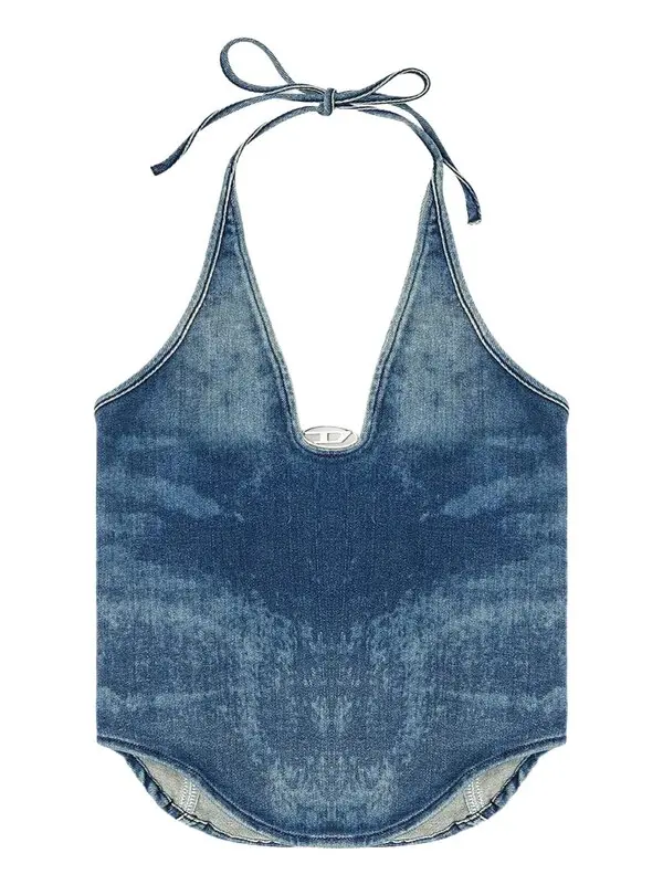 DIESEL® Halter-neck Denim Top With Distressing And Oval D Logo - Medium Blue