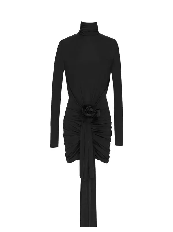 Saint Laurent Draped Floral Detail Turtleneck Mini Dress - Black