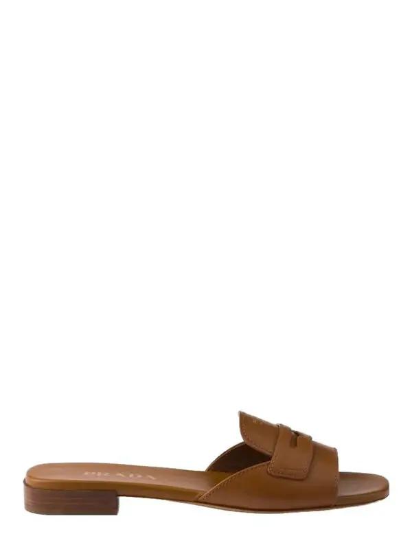 Prada Leather Slides With Logo Detail - Camel