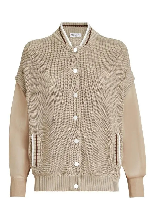 Brunello Cucinelli Striped Trim Knitted Cardigan - Beige