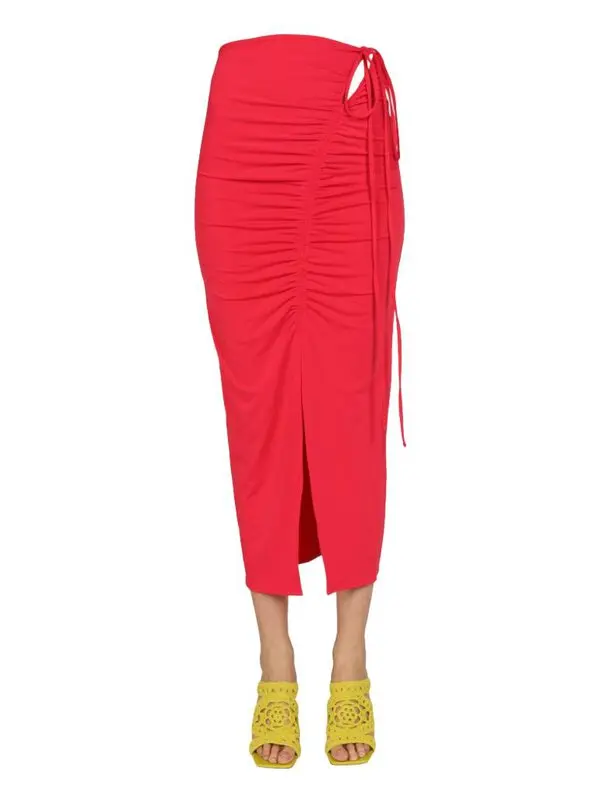 SELF-PORTRAIT Ruched Drawstring Midi Skirt - Red