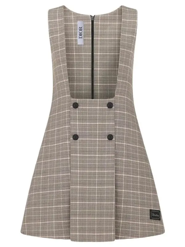 Dior Plaid Square Neck A-line Dress - Gray
