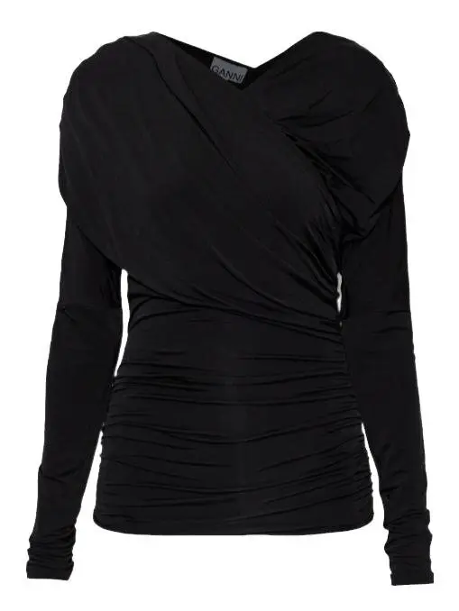 GANNI Draped V-neck Long-sleeve Top - Black