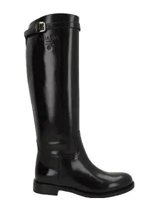 Prada Round Toe Zip Up Block Heel Long Leg Boots - Black